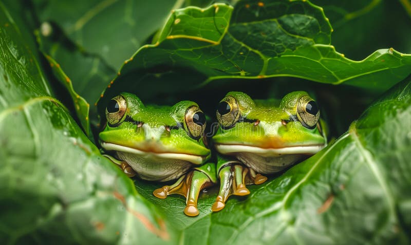AI Generated Illustration of Two Frogs Resting on a Green Leaf Stock ...