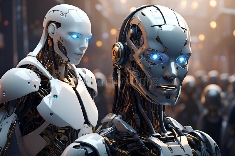 Two Robots Standing in Front of an Audience at Night Staring Up Stock ...