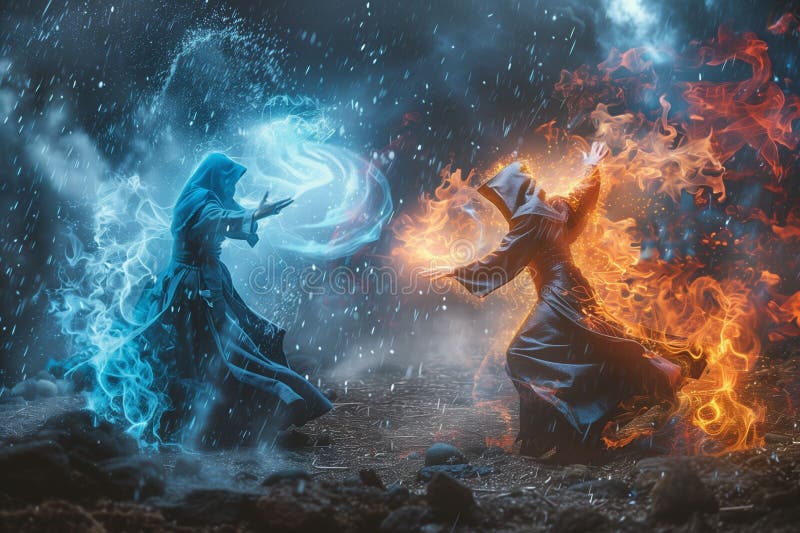 AI Generated Illustration of Two Hooded Figures Using Fire and Ice ...