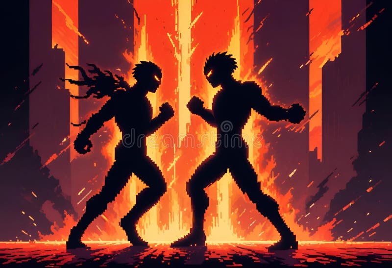 Two People with Fire Behind Them on a Video Game Screen Stock ...