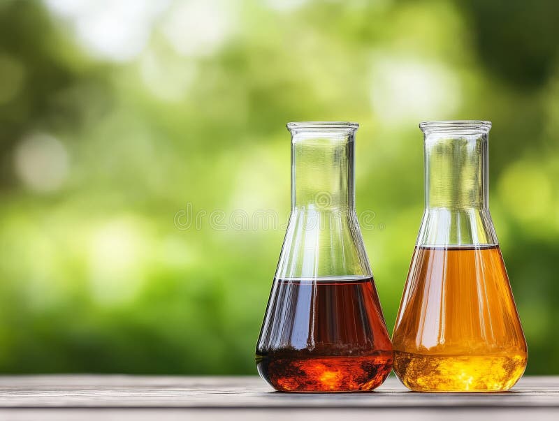 Two Laboratory Flasks Filled Brown Amber Liquid Standing on Reflective ...