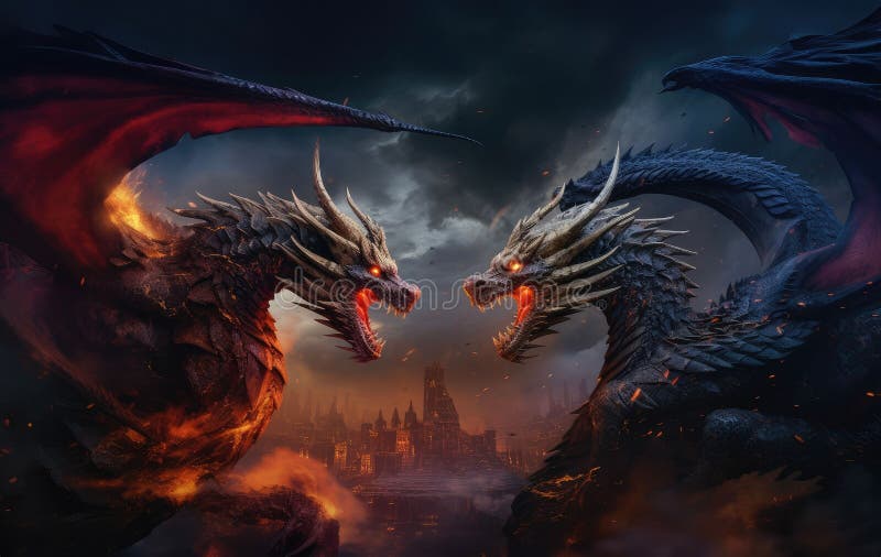 AI Generated Illustration of Two Large Dragons in Mid-flight Battle ...