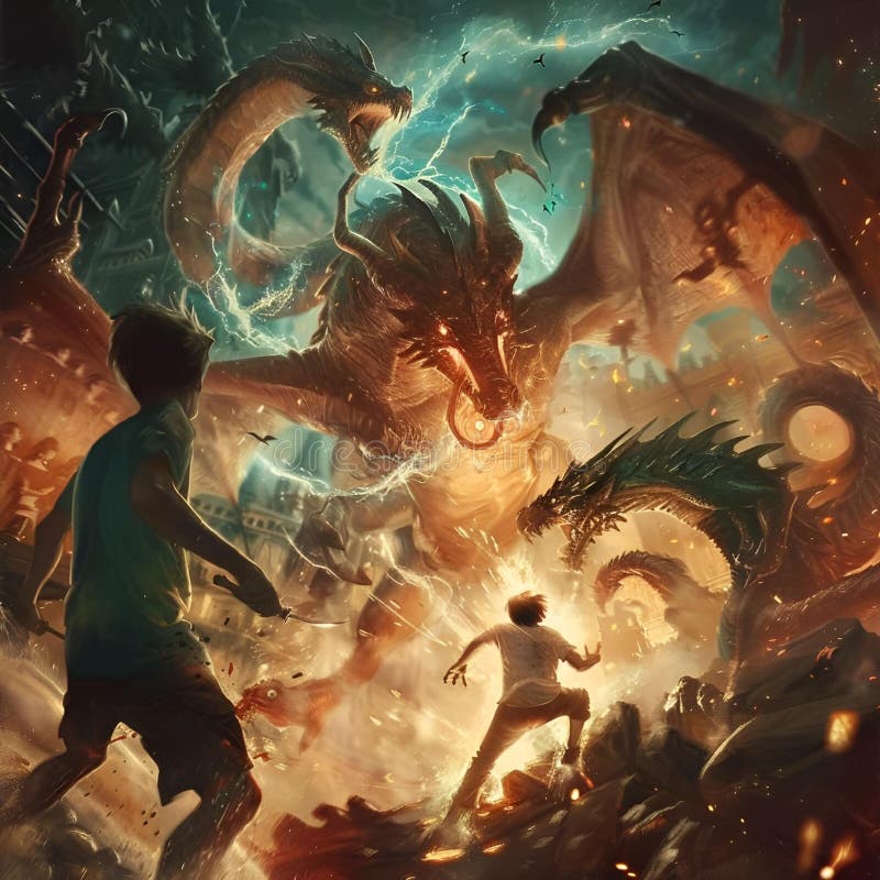 AI-generated Illustration of Two Men Battling Multi-headed Dragons by a Blazing Fire Stock ...