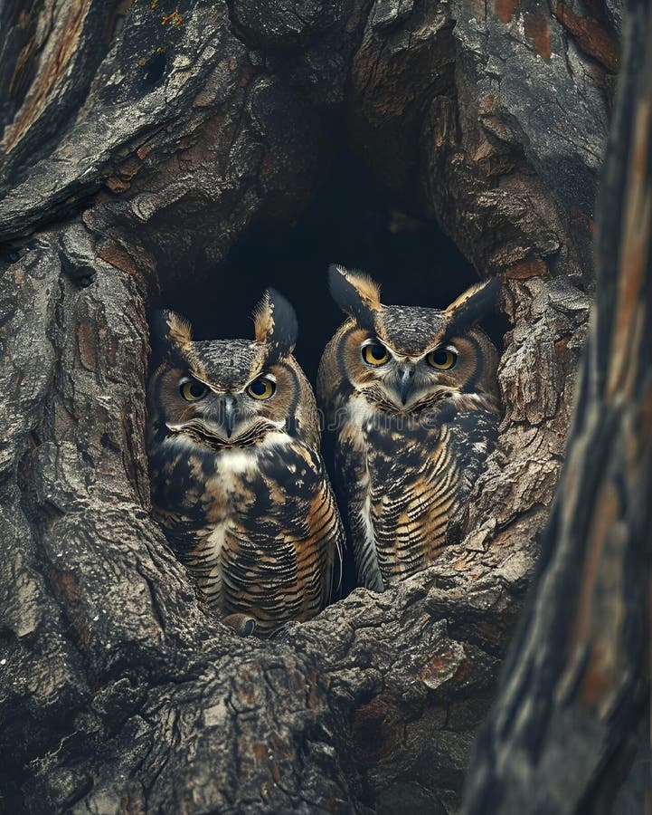 AI Generated Illustration of Two Owls Perched Together Inside a Tree ...