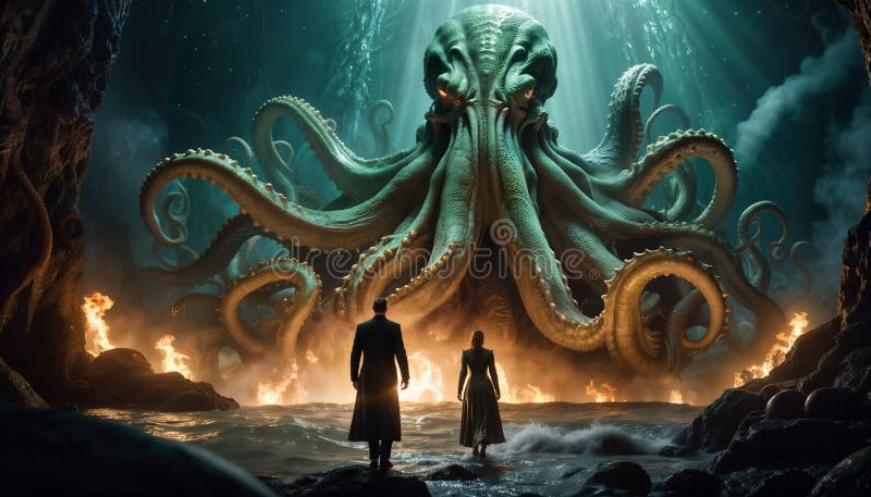 AI-generated Illustration of Two People Standing in a Cave with an ...