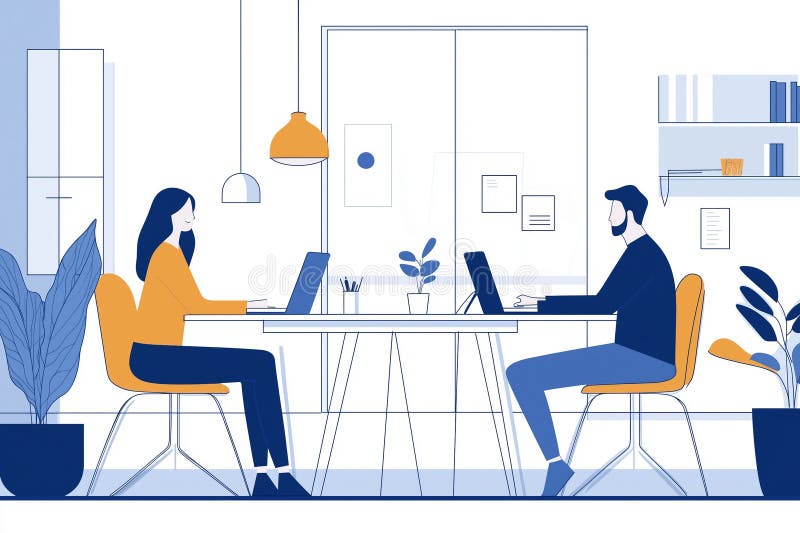 AI-generated Illustration of Two People Working on Laptops at a Shared ...