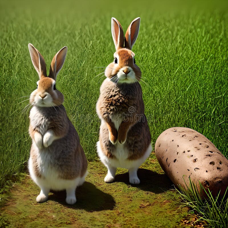 AI Generated Illustration of Two Rabbits Standing in a Lush Green ...
