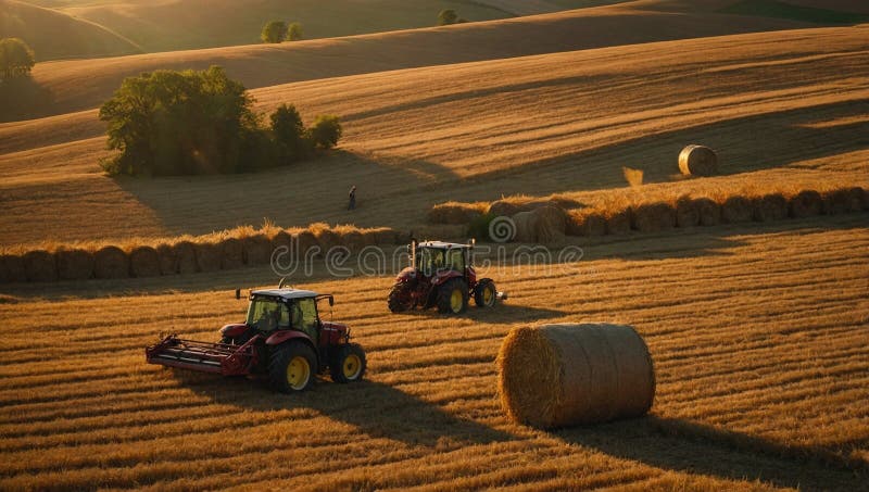 Two Red Tractors are in the Fields with Hay Bales Stock Image - Image ...