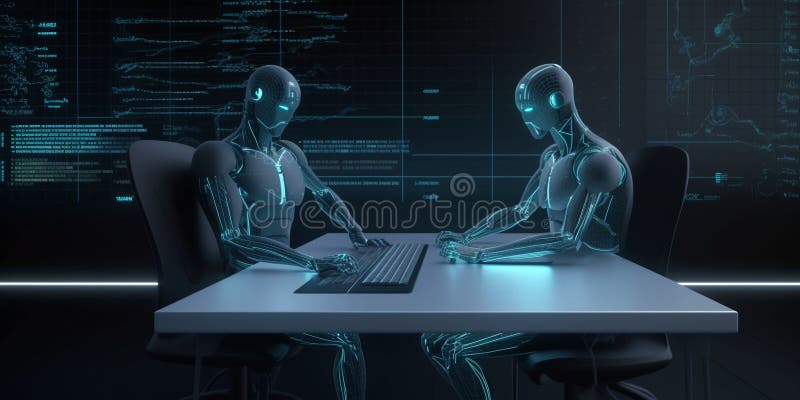AI Generated Illustration of Two Robotic Figures at Computer Desk ...