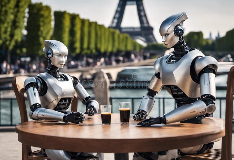AI Generated Illustration of Two Robots Drinking Coffee in Front of the ...