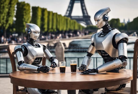 AI Generated Illustration of Two Robots Drinking Coffee in Front of the ...