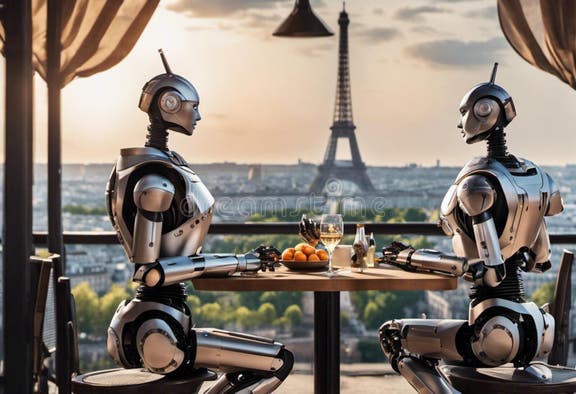 AI Generated Illustration of Two Robots Drinking Coffee in Front of the ...