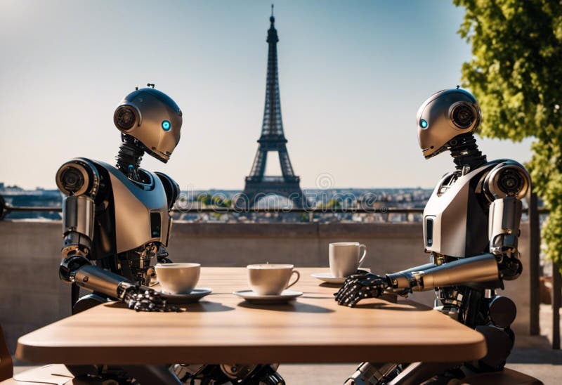 AI Generated Illustration of Two Robots Drinking Coffee in Front of the ...