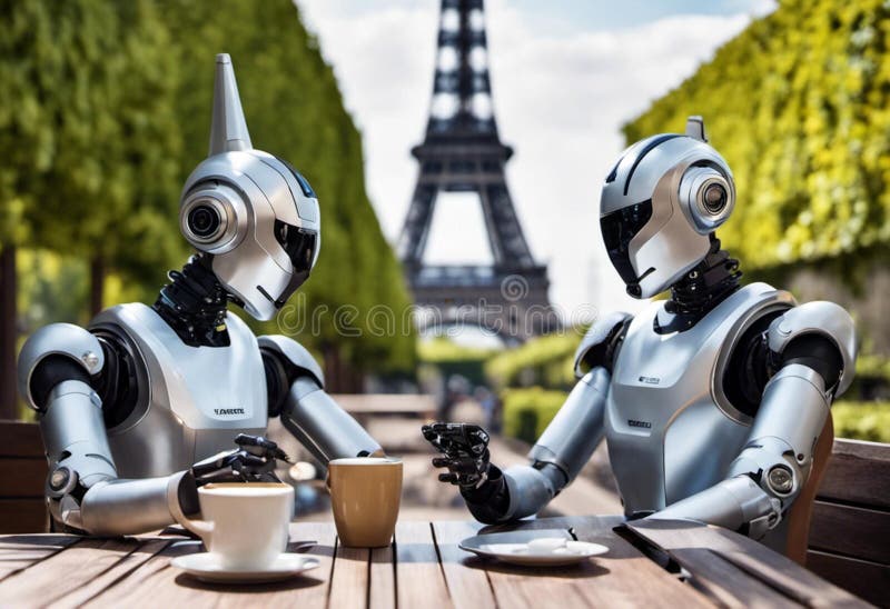 AI Generated Illustration of Two Robots Drinking Coffee in Front of the ...