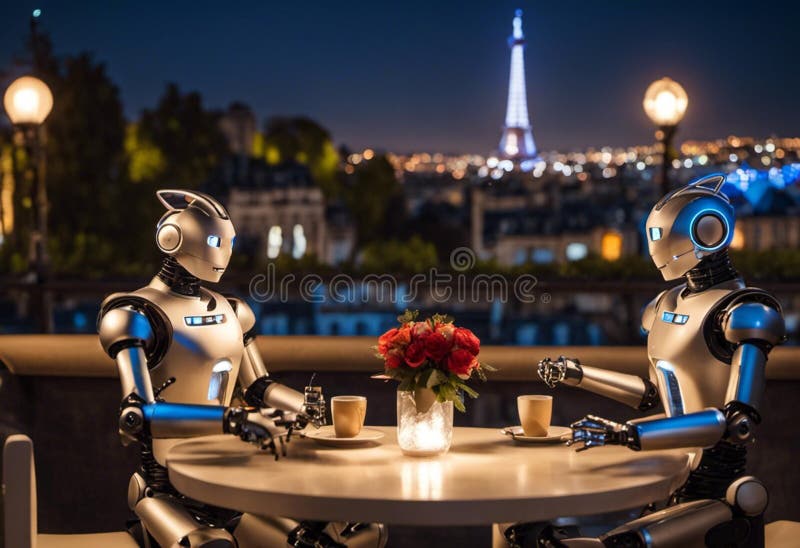 AI Generated Illustration of Two Robots Drinking Coffee in Front of the ...