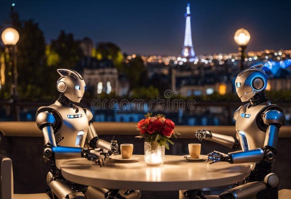 AI Generated Illustration of Two Robots Drinking Coffee in Front of the ...