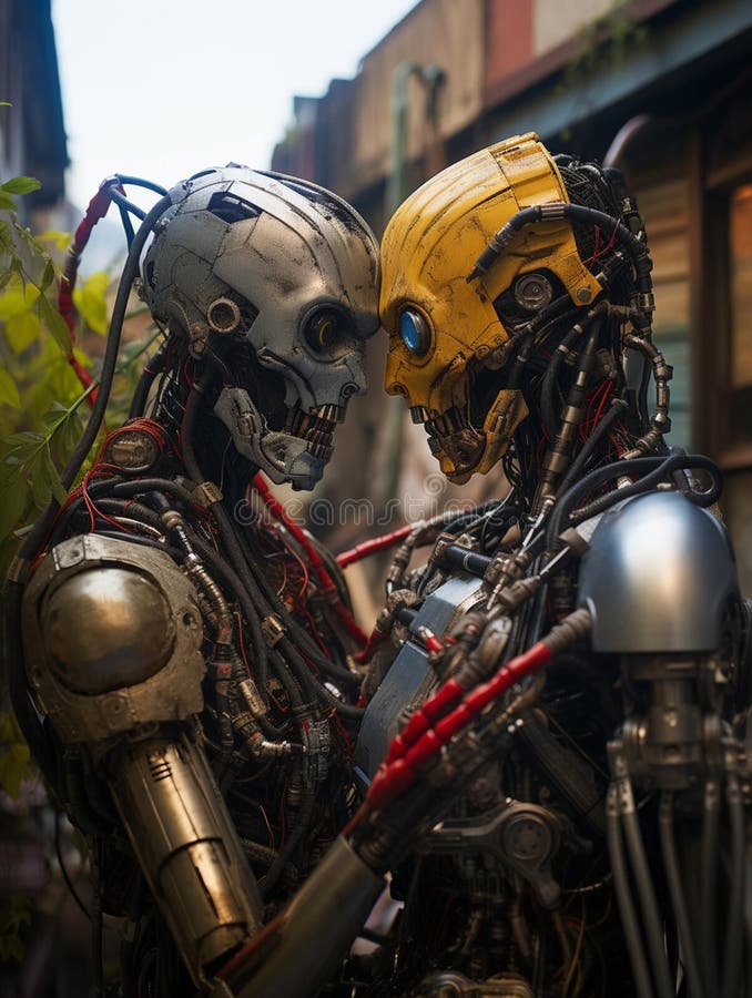 AI Generated Illustration of Two Robots Posed Side by Side in an Urban ...