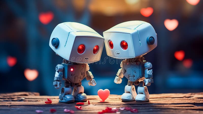 Two Robots Standing Next To Each Other in Front of a Heart Stock Photo ...
