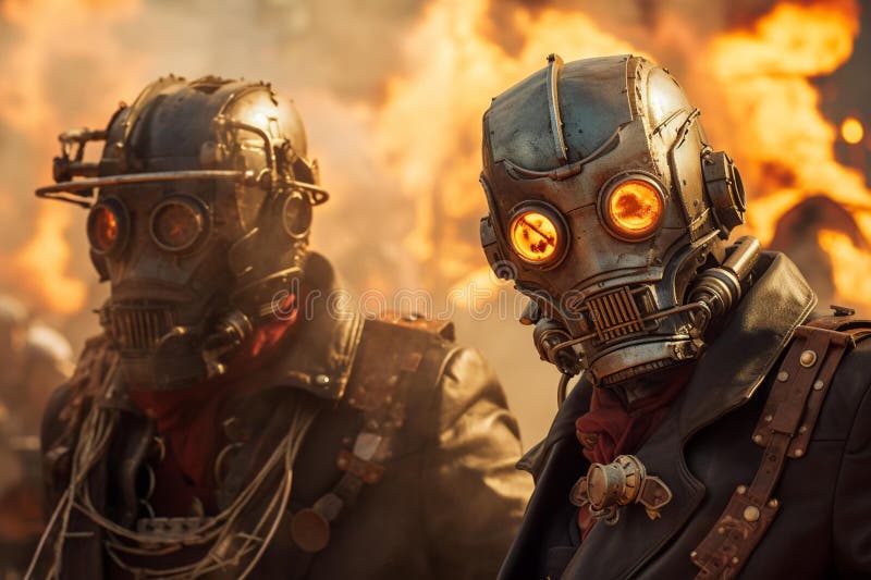 AI Generated Illustration of Two Robots Wearing Protective Gas Masks in ...