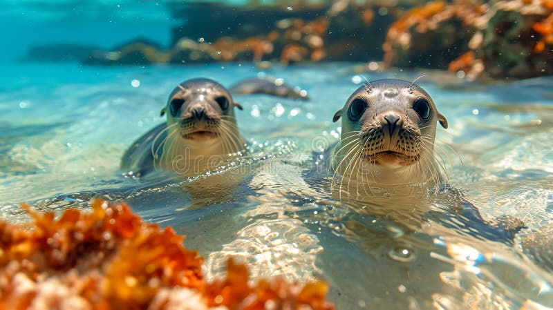 AI-generated Illustration of Two Seals Swimming in Crystal-clear Water ...