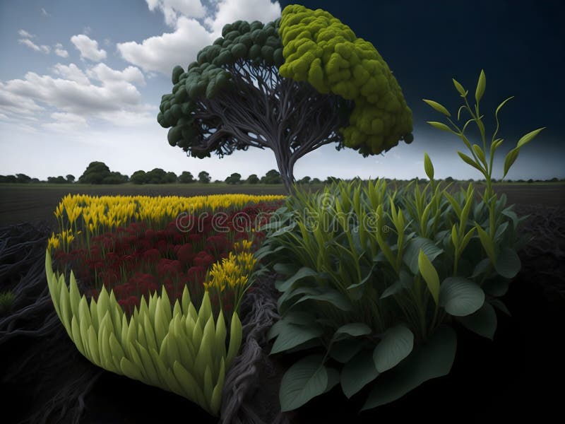AI Generated Illustration of a Two-sided Lush Green Garden with a Tree ...