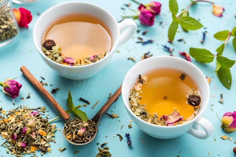 Two Cups Filled with Different Types of Tea and Some Herbs Stock ...
