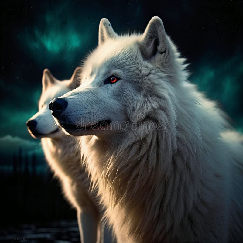 AI Generated Illustration of Two White Arctic Wolves Against a ...
