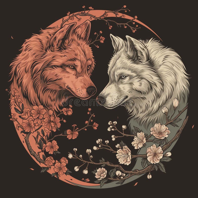 AI Generated Illustration of Two Wolves in a Floral Circle, Locked in a ...
