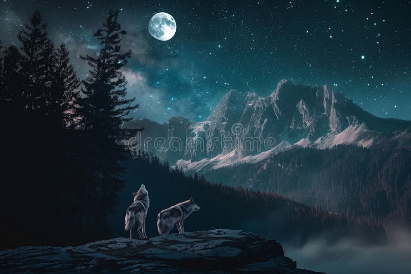 Two Wolves Howling at the Moon with a Starry Night Sky and Mountain ...