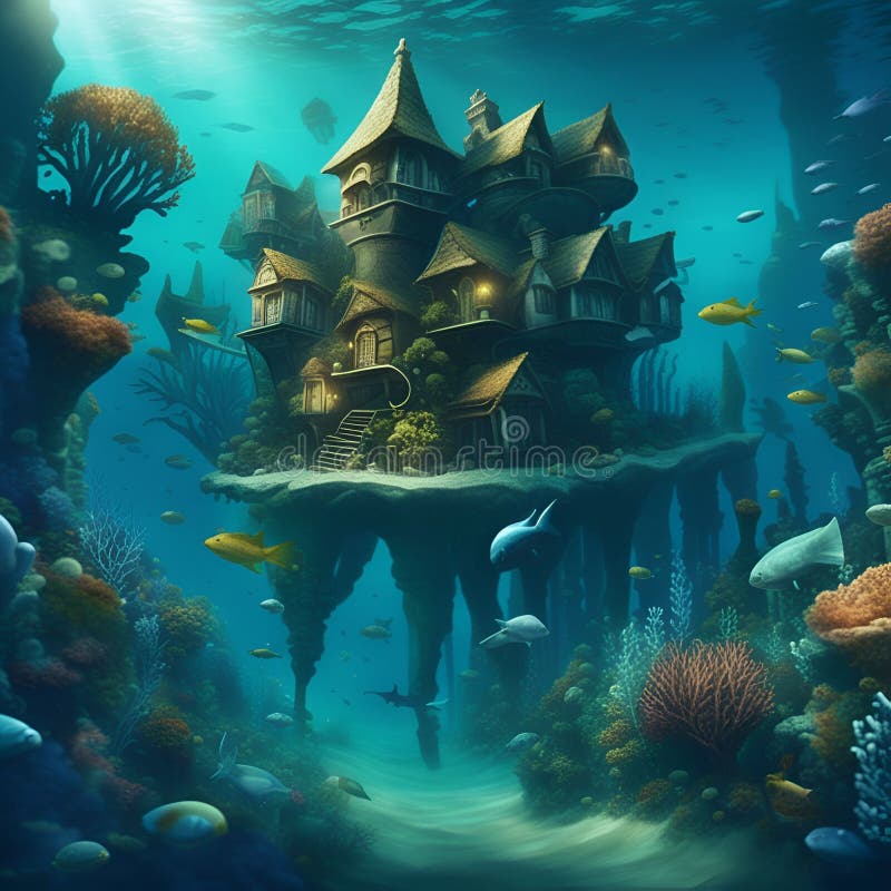 AI Generated Illustration of an Underwater Building with Fish and Coral ...