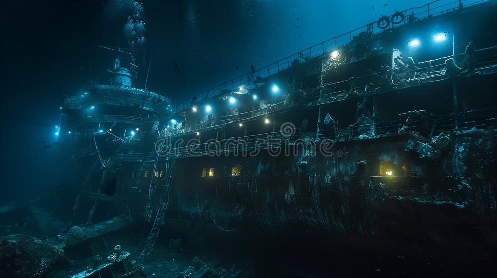 AI Generated Illustration of an Underwater Shipwreck Illuminated with ...