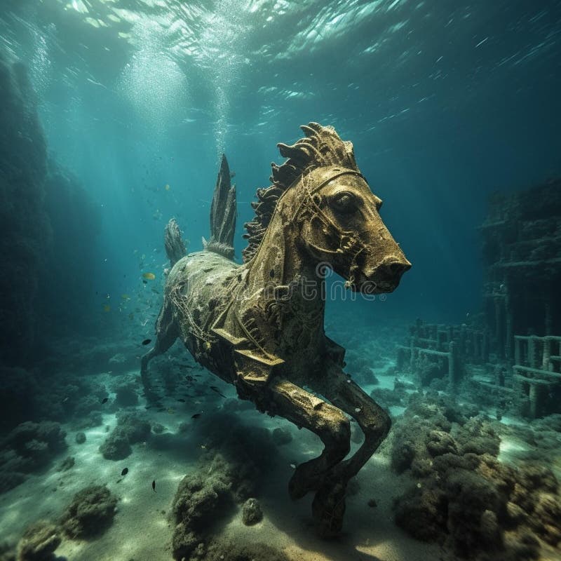 AI Generated Illustration of an Underwater Statue of a Horse Surrounded ...