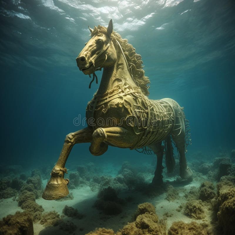 AI Generated Illustration of an Underwater Statue of a Horse Surrounded ...