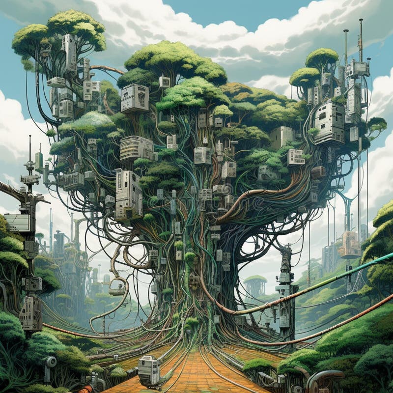 AI Generated Illustration of a Unique Tree House, Connected by Wires ...
