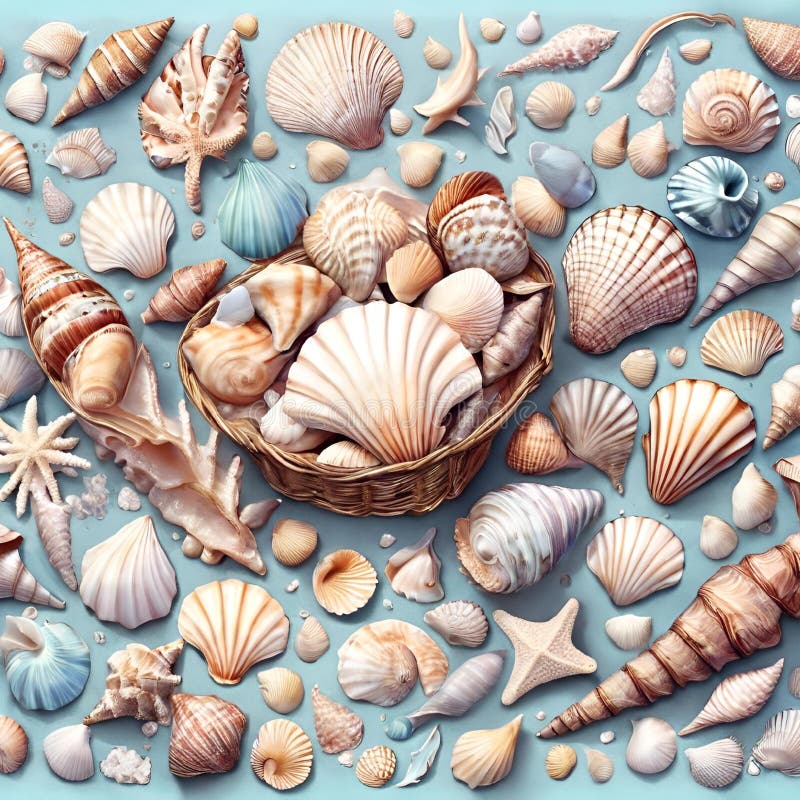 AI Generated Illustration of a Variety of Shells and Seashells Arranged ...