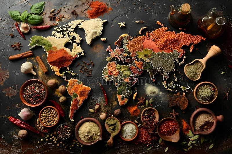 Spices Arranged in Bowls and Bowls in Front of the Map Stock ...