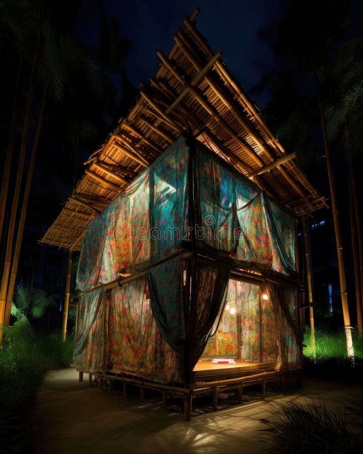 AI Generated Illustration of a Vibrant Bamboo House with Large Windows ...