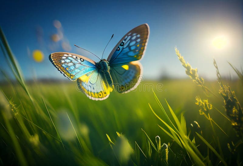 AI Generated Illustration of a Vibrant Blue Butterfly in Flight Stock ...