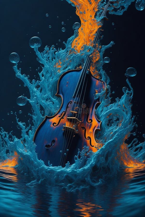 AI Generated Illustration of a Vibrant Blue Water Violin Emitting Flames and Vibrant Bubbles ...