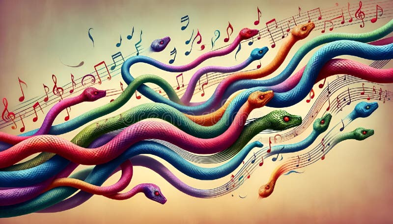 Colorful Snakes are Flying with Music Notes in the Air Over Them Stock ...