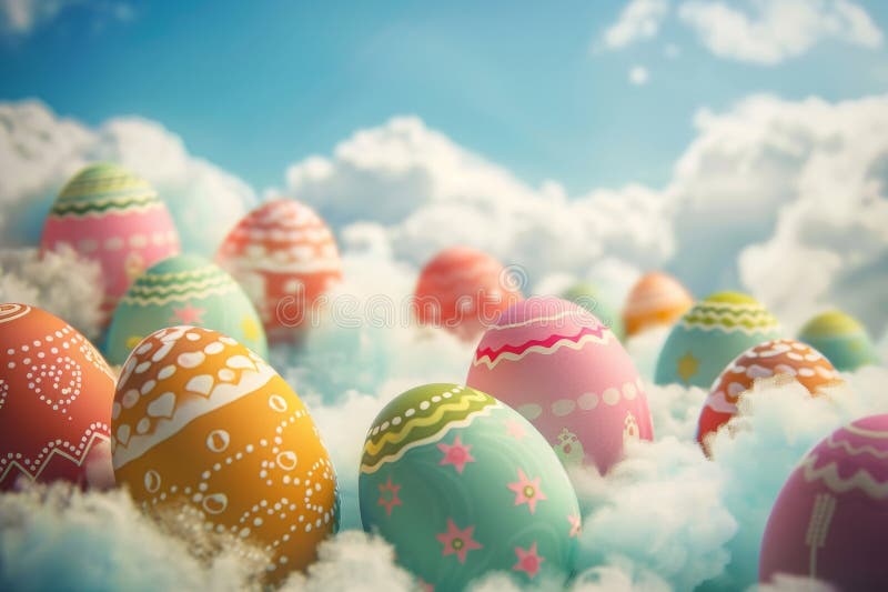 Colorful Easter Eggs in a Field Full of Snow Covered Clouds Stock Photo ...