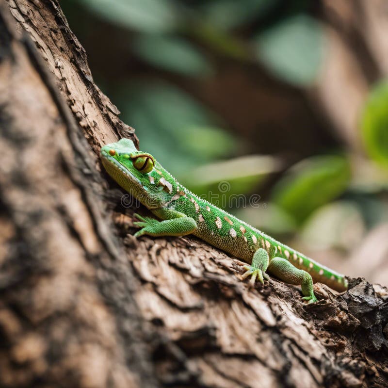 AI-generated Illustration of a Vibrant Gecko on a Tree Trunk in a Lush ...