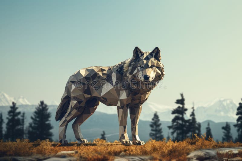 AI Generated Illustration of a Vibrant, Geometric Wolf Statue in Its ...