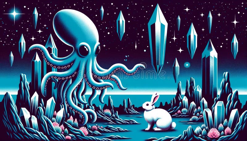 An Octopus and Bunny Rabbit Surrounded by Crystals and Stars on a ...