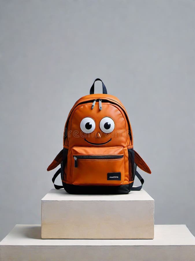 An Orange Backpack with a Funy Face Painting on a White Counter on the ...