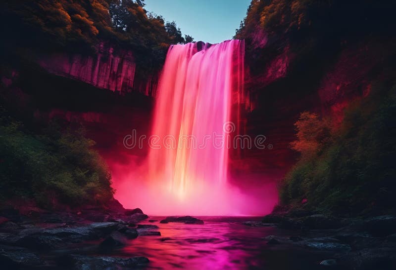 AI Generated Illustration of a Vibrant Pink Waterfall with Illumination ...