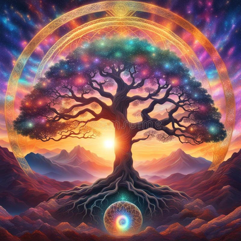 A Psychedelic Tree with Colorful Lights in Front of a Sunset Stock ...
