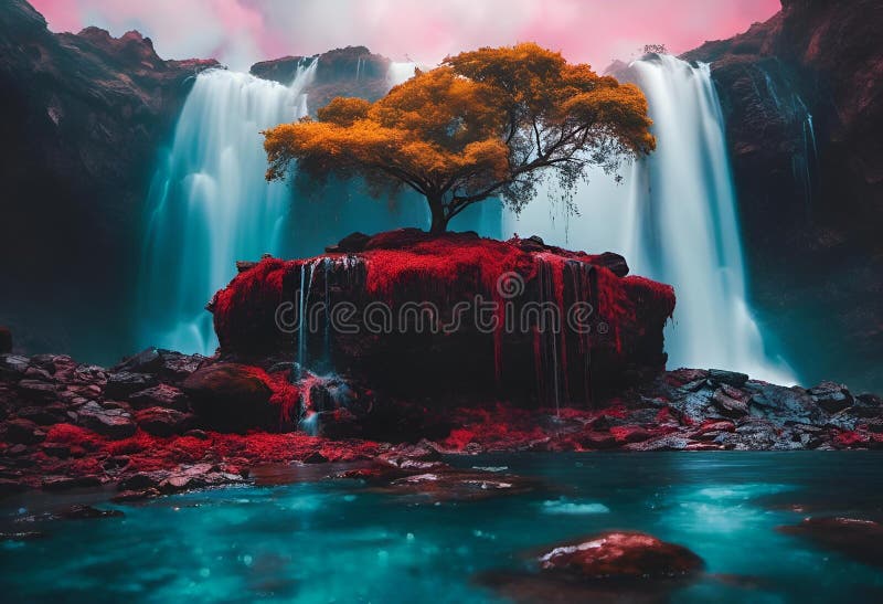 A Waterfall with Red Rocks and a Tree in Front of it Stock Illustration ...