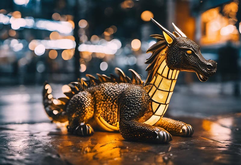 A Yellow Dragon Statue Sitting on a Tile Floor with a Lot of Lights in ...