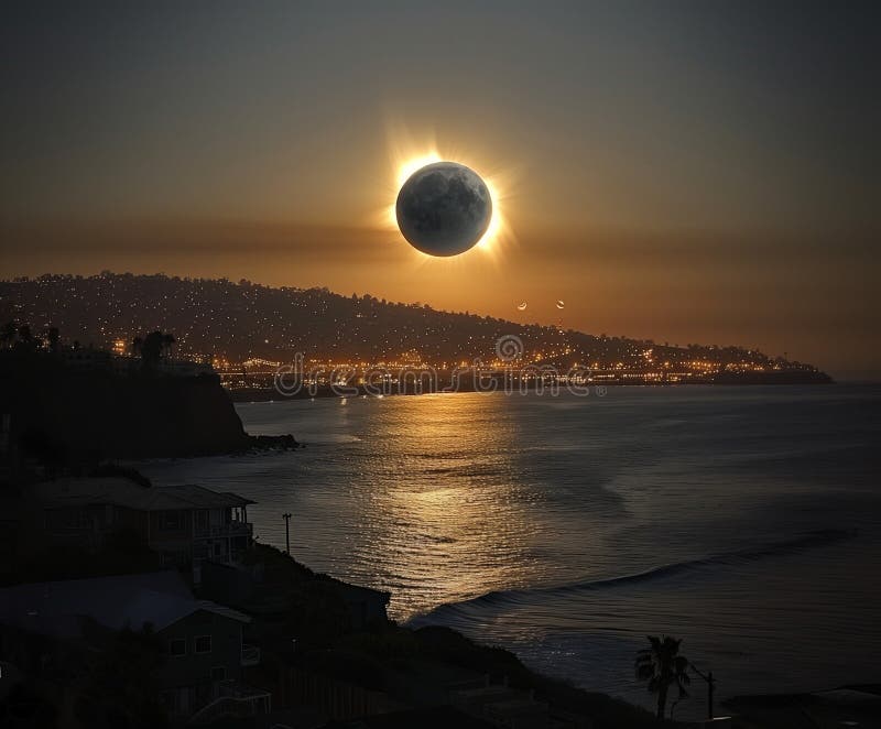 The Eclipse, As Seen from a Hill Top with Palm Trees and a View Stock Illustration ...
